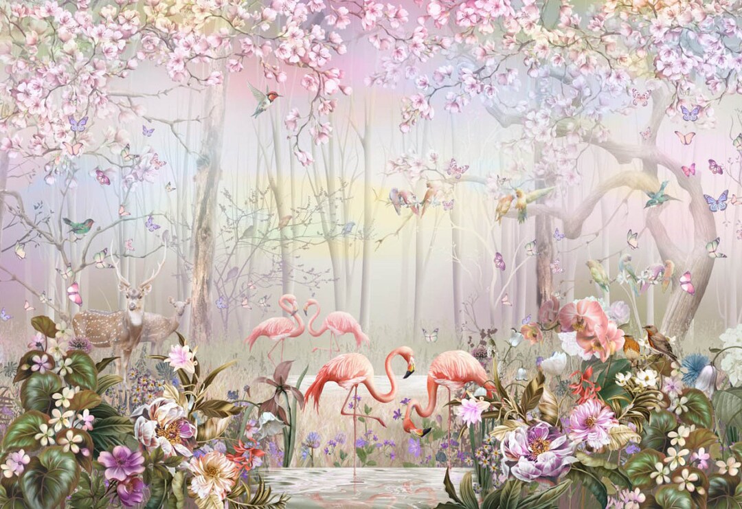 Pink Flamingo Forest Wallpaper: Tropical Kids Room Decor - Etsy