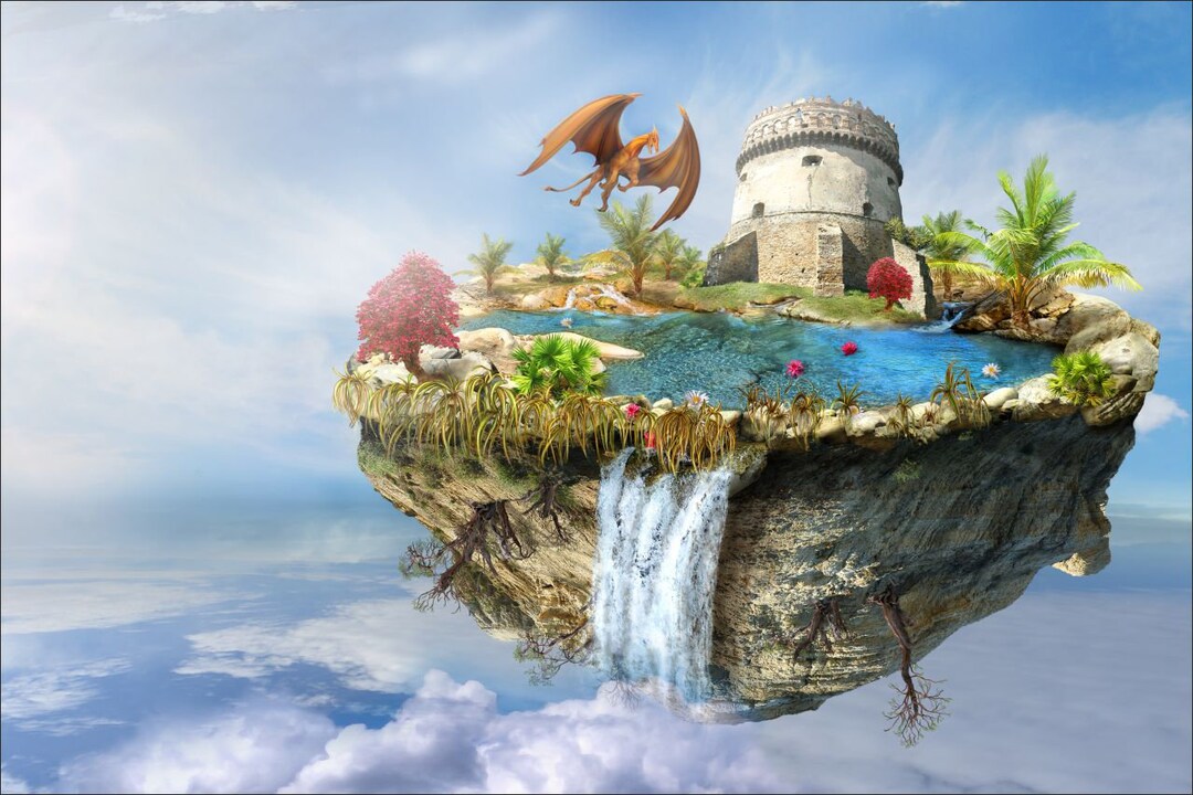 Magic Island With Dragon Kids Wallpaper Modern Wall Decor 3D Tower ...