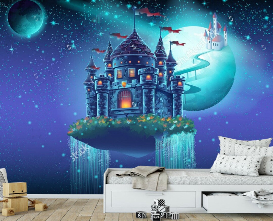 Flying Castle Space Stars and Planets Wallpaper Kids Room - Etsy