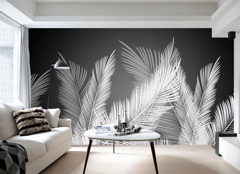 Exotic Tropical White Leaves on Black Background Wallpaper | Etsy