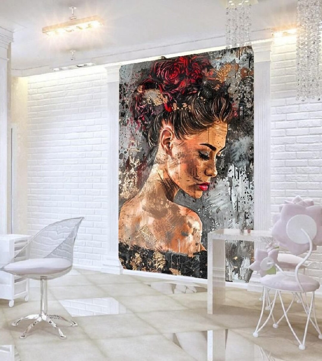 Bronze Gold Wallpaper With Beautiful Girl's Face Modern Wall Decor ...