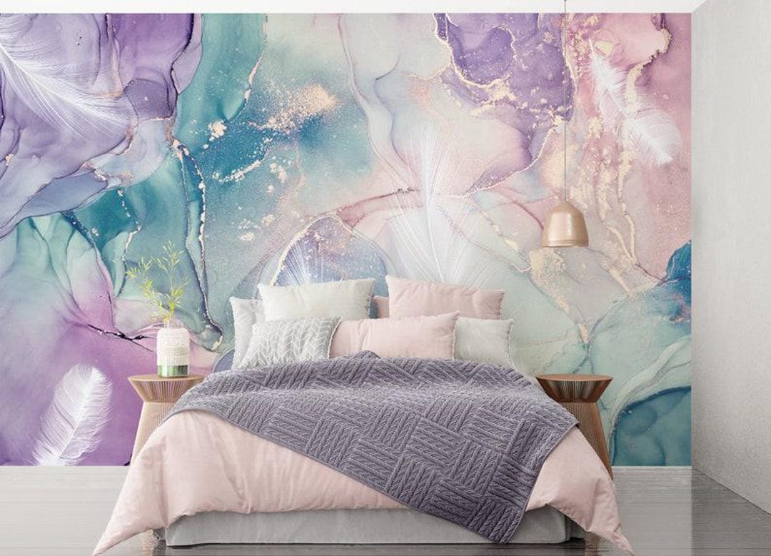 Purple Lavender Turquoise Fluid Art With White Feathers Wallpaper ...