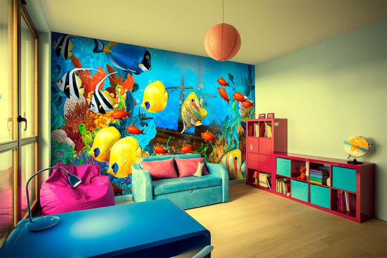 Kids Wallpaper Fish World Nursery Room Decor Modern Wall Decor | Etsy