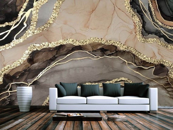 Abstract Brown Black Ivory Gold Marble Wallpaper Modern Wall - Etsy