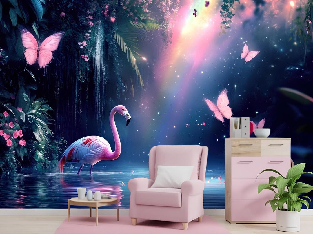 Magic Forest Flamingos Wallpaper Enchanted Garden Rainbow Fantasy ...
