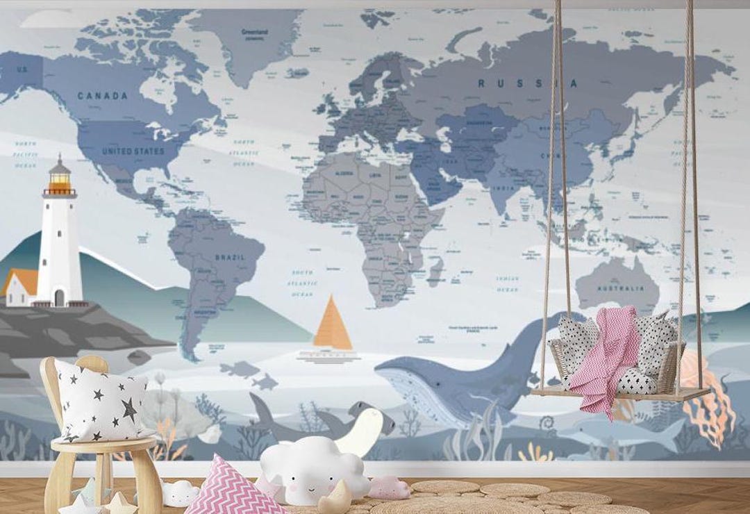 Kids World Map Wallpaper: Marine Style Nursery Wall Mural - Etsy
