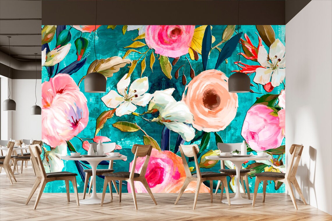 Flowers Turquoise Background Wallpaper Modern Wall Decor Art - Etsy