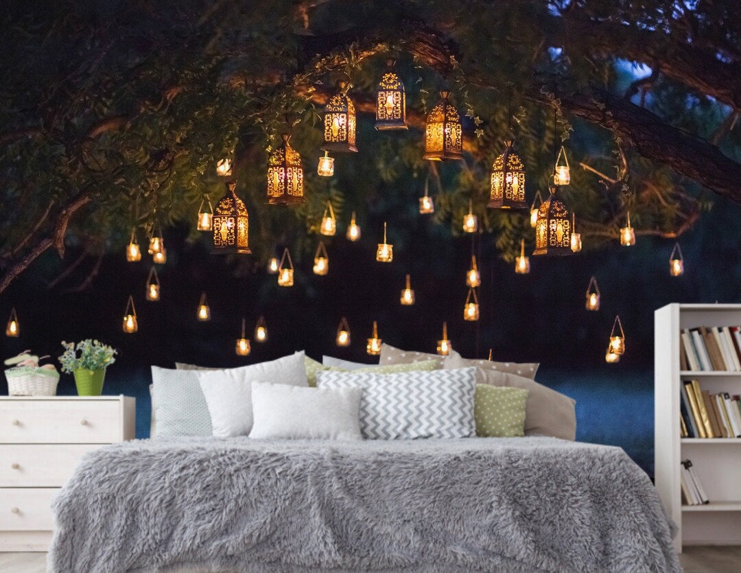 Lanterns on the Tree Wallpaper: Kids Wall Decor, Vinyl Wall Murals - Etsy