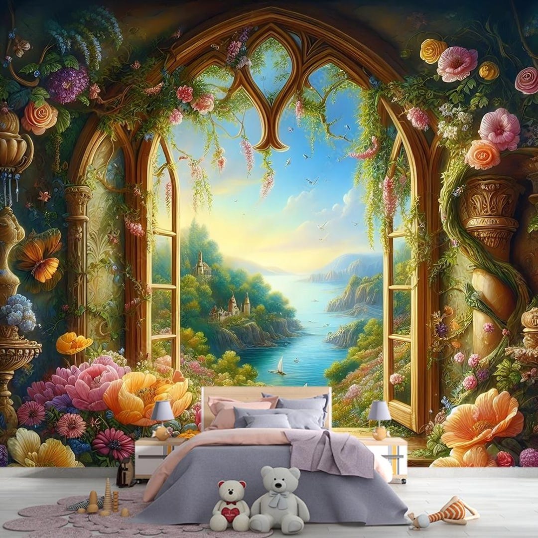 Magic Princess Castle Window View Wall Nursery Mural Fairytale ...
