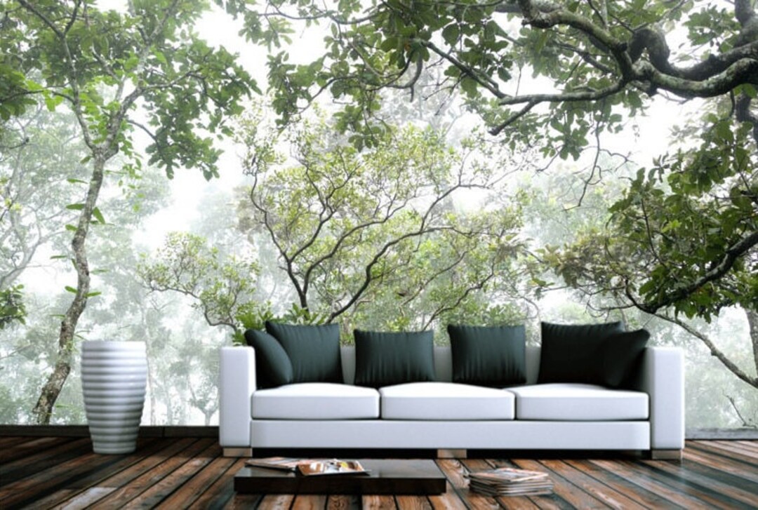 Tree Branches Fog Wallpaper Modern Wall Decor Green Leaves Vinyl Photo ...