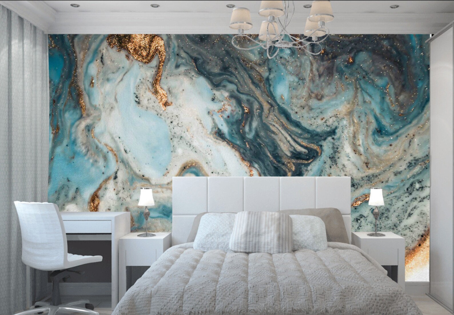 Blue Whaite Gold Turquoise Marble Wallpaper Modern Wall Decor - Etsy
