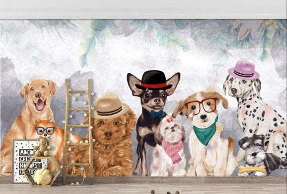 Funny Dogs Watercolor Background Kids Wallpaper Nursery Wall | Etsy