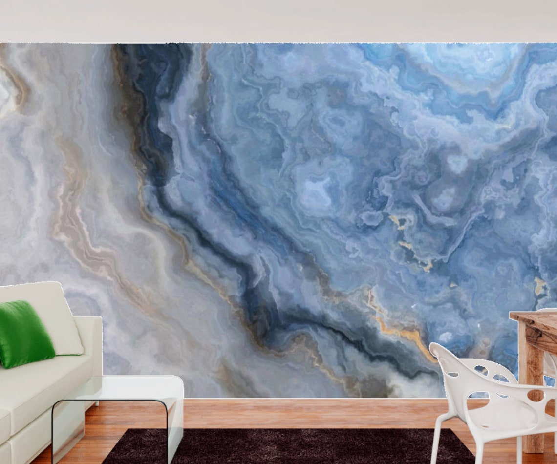 Blue Waite Waves Marble Vinyl Wallpaper Modern Wall Decor Large Wall ...