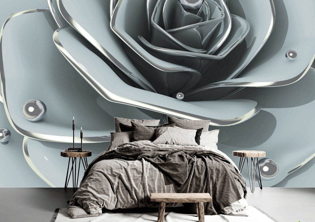 3D Gray Rose Vinyl Wallpaper: Modern Floral Wall Mural - Etsy