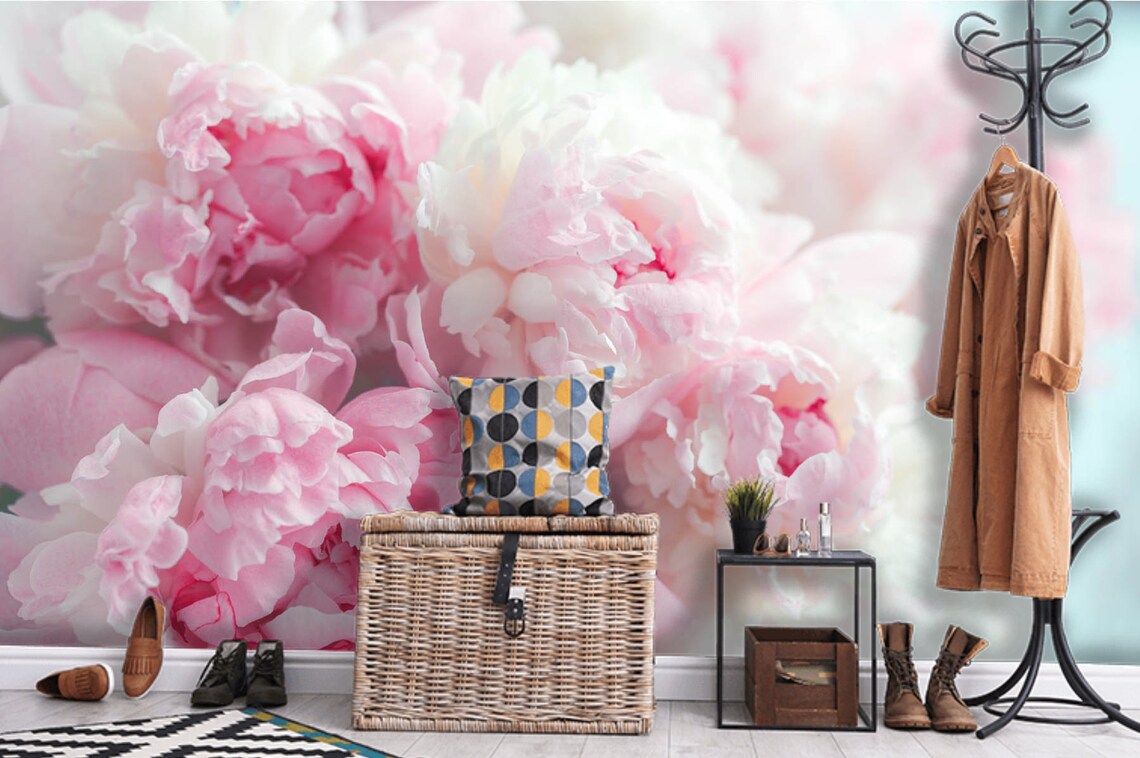 Spring Tenderness Pink Peonies Flower Wallpaper Modern Wall | Etsy
