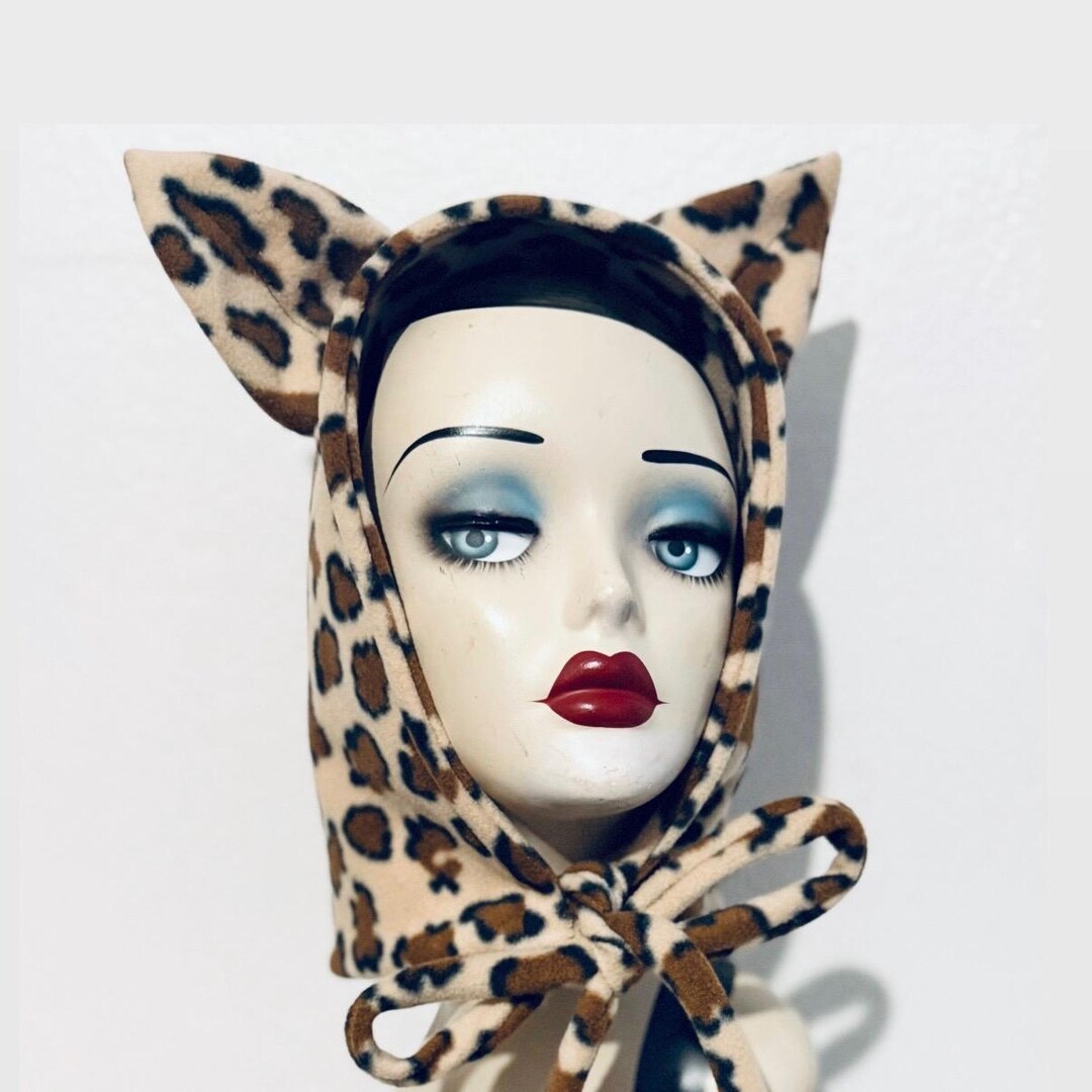 Leopard Print Cat Bonnet: Cosy Fleece Alternative Style Animal Ear Hat ...