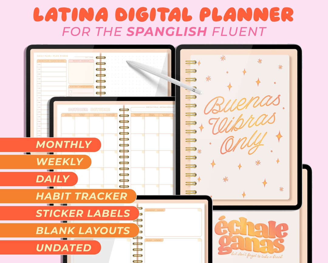 Latinx Digital Planner | English & Spanish | Undated Pastel Peach ...