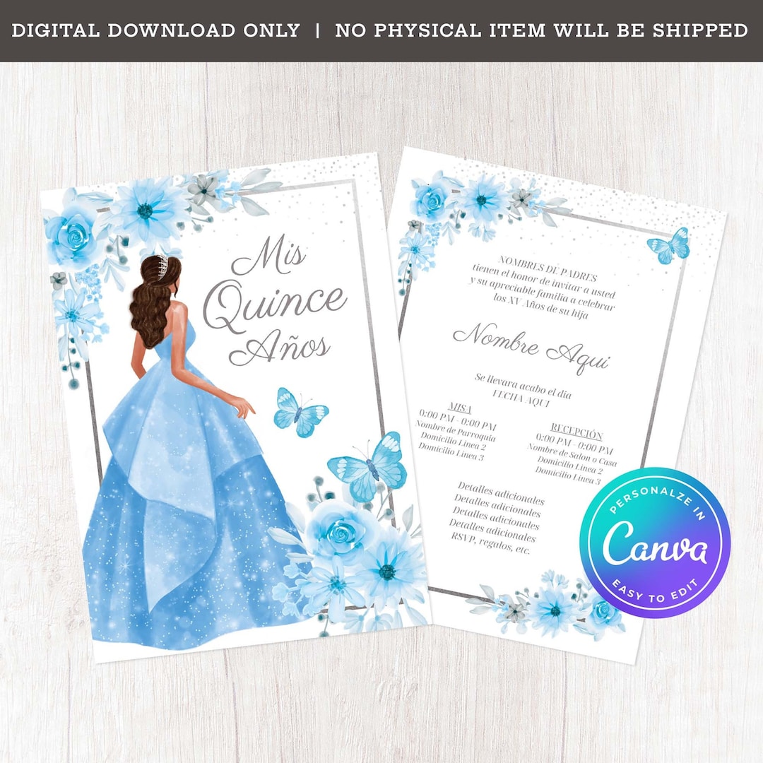 Light Blue Quinceañera Invitation Template: Butterfly Floral (digital ...