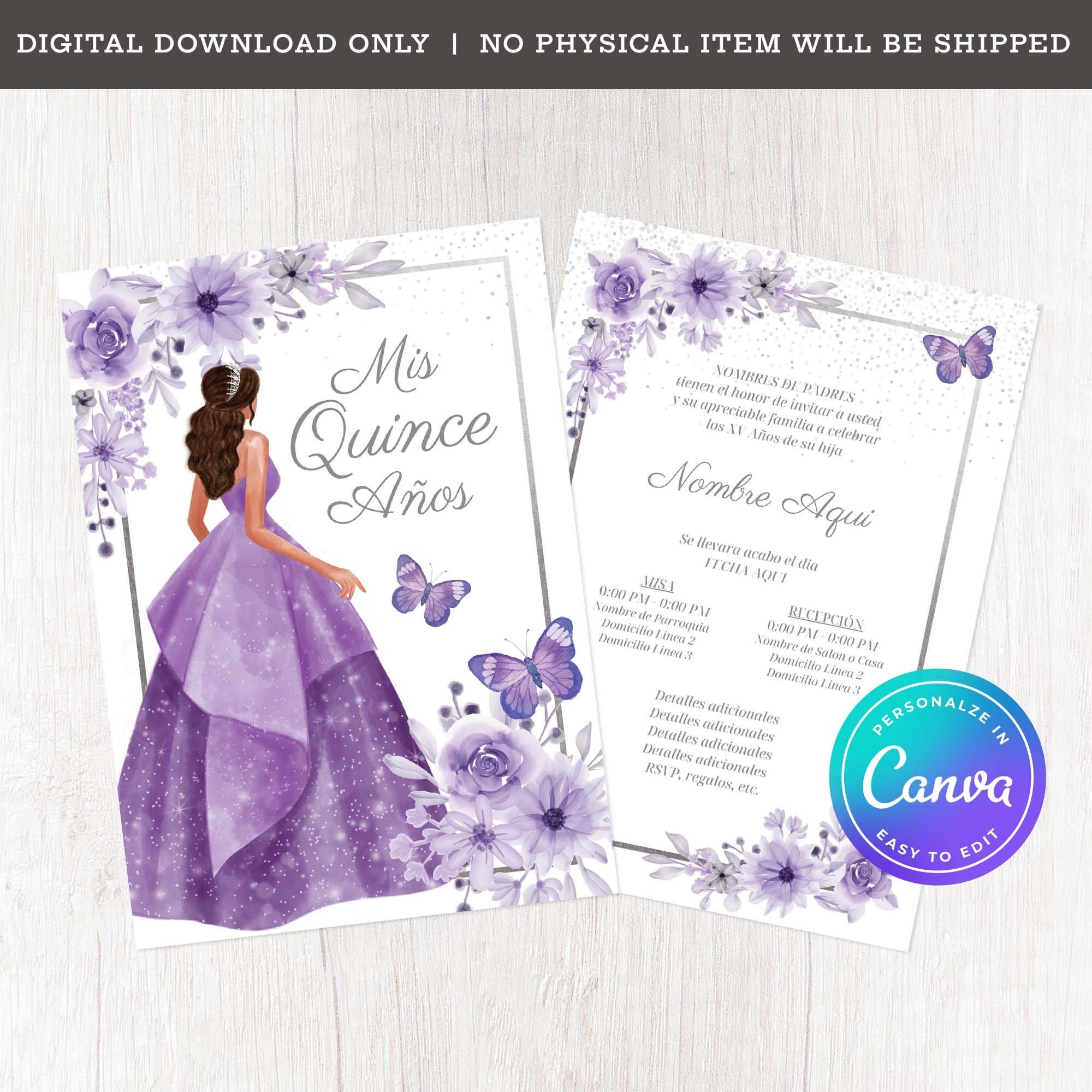 Quinceañera Invitation Template 5x7 Purple Lilac - Etsy