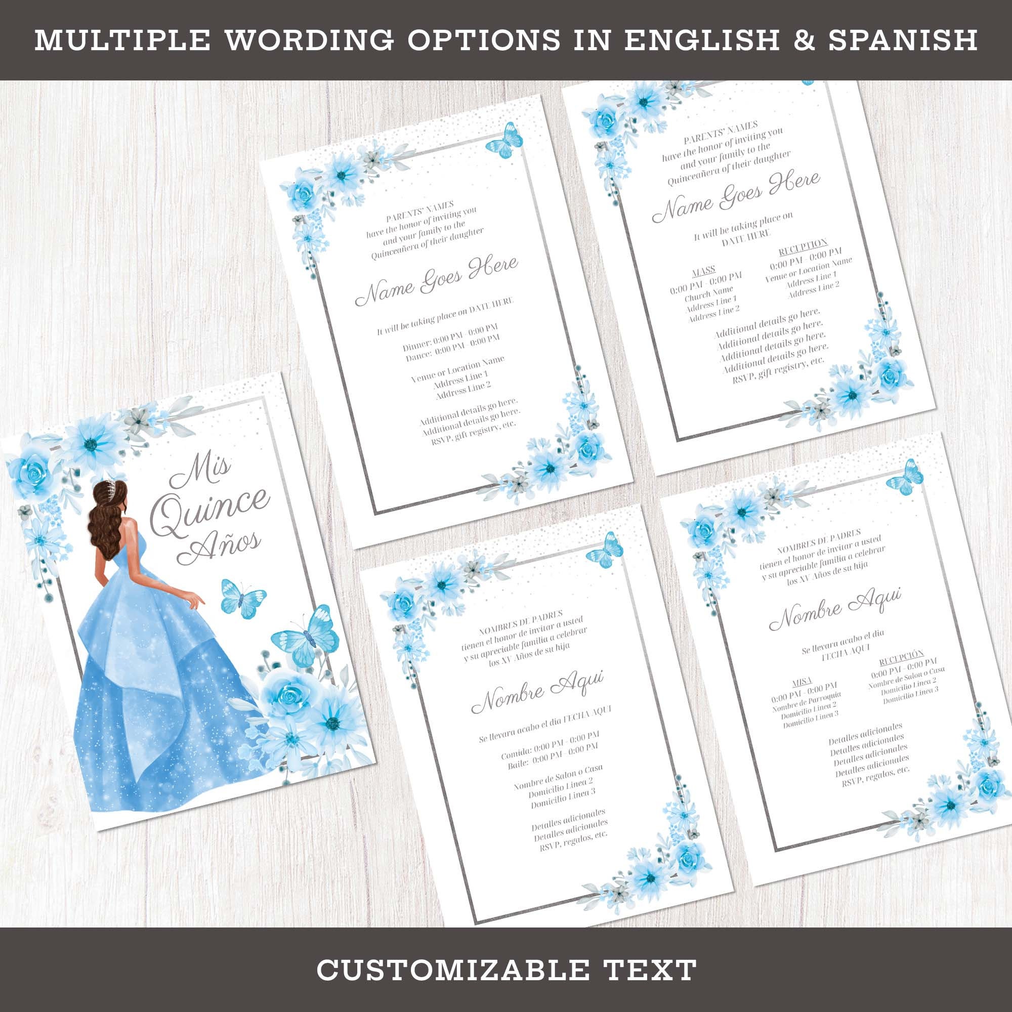 Light Blue Quinceañera Invitation Template: Butterfly Floral (digital ...