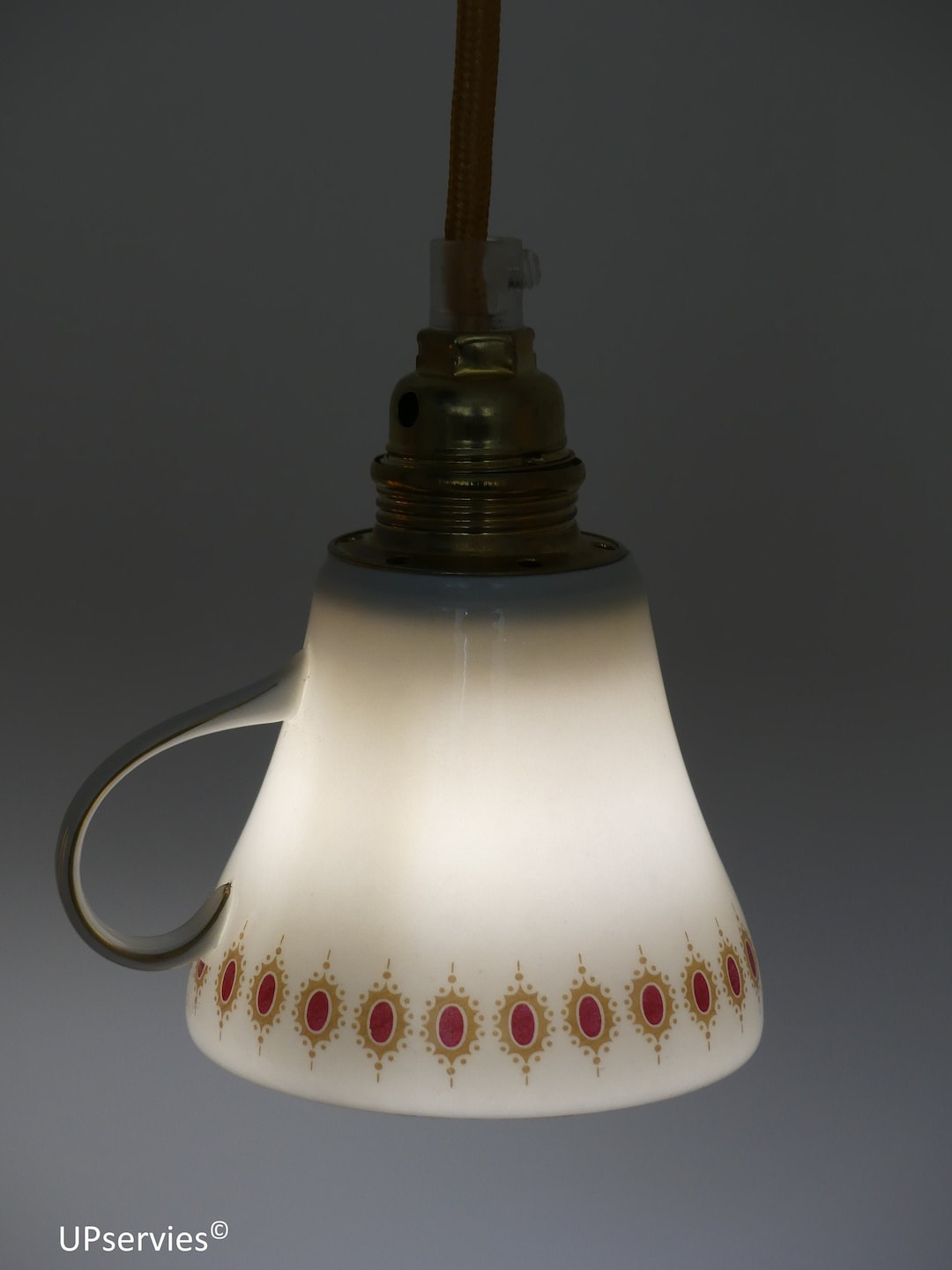 LED Upcycled Teacup Lamp With Red Darkgoldenrod Royal Locket Pattern ...