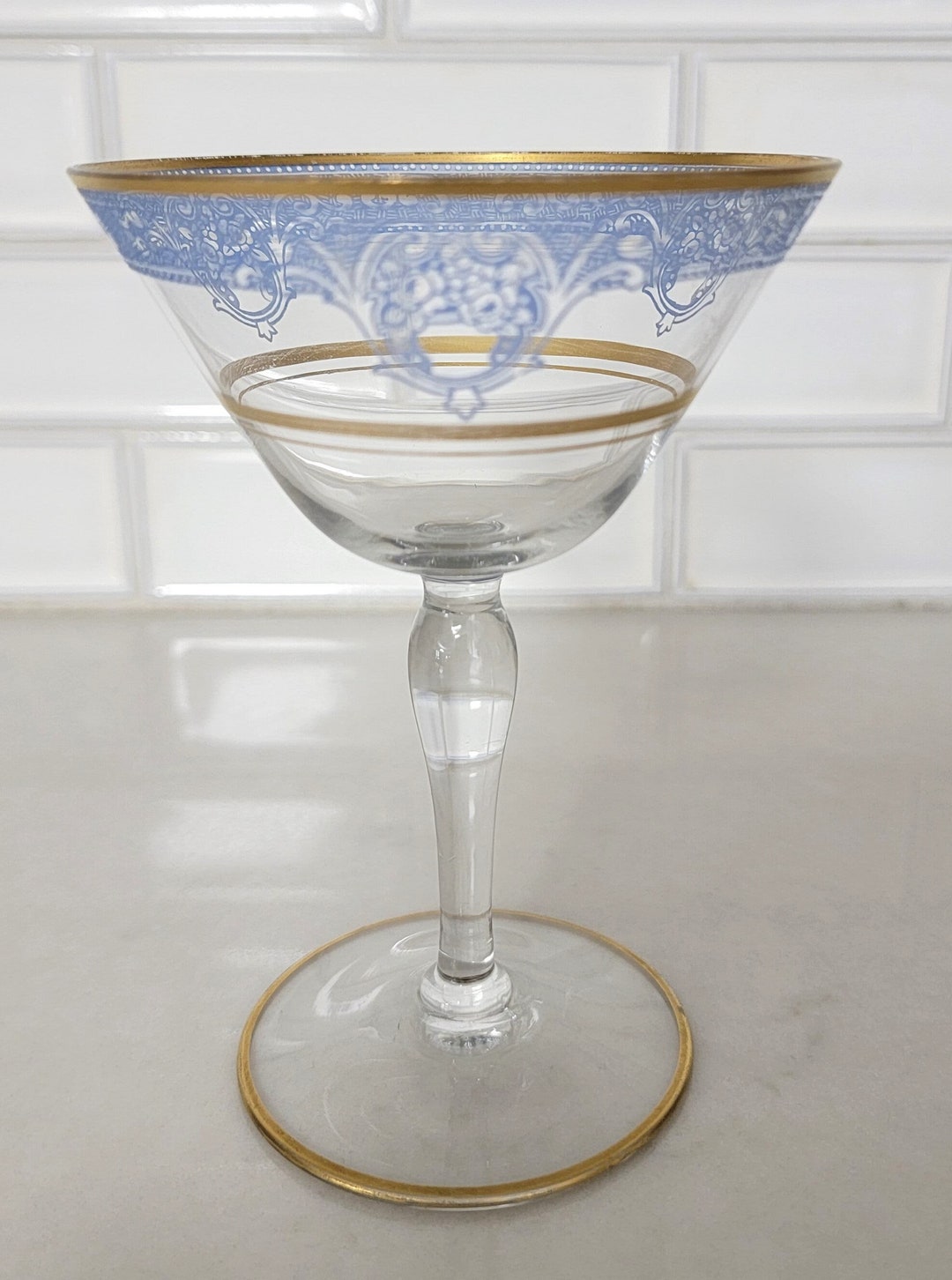 Vintage Filigree Martini Glass With Baby Blue Lace Design and Gold ...