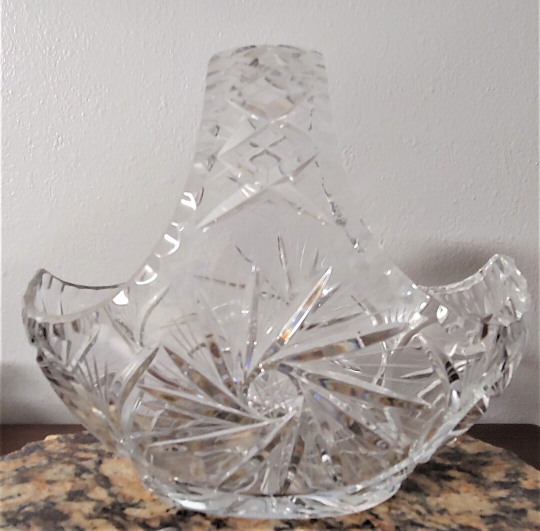 Vintage Heavy Lead Crystal Glass Vase Basket, Starburst and Hobstar ...