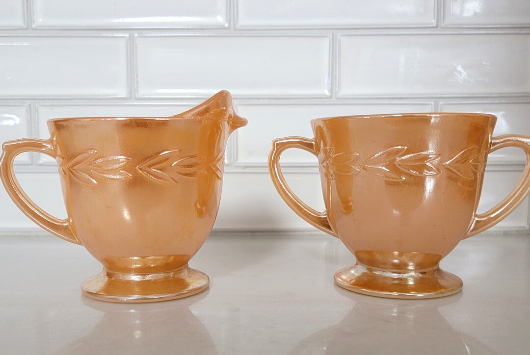 Vintage Fire King Peach Lusterware Laurel Leaf Pattern Sugar and ...