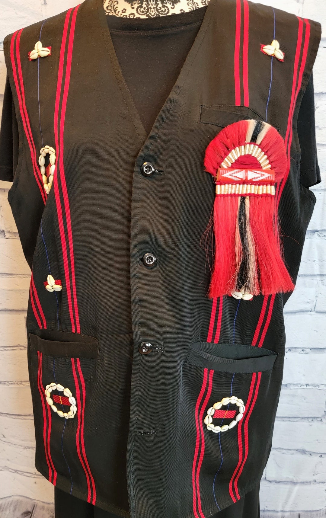 Vintage Ceremonial Vest and Scarf in Black and Red Colors With Cowrie ...