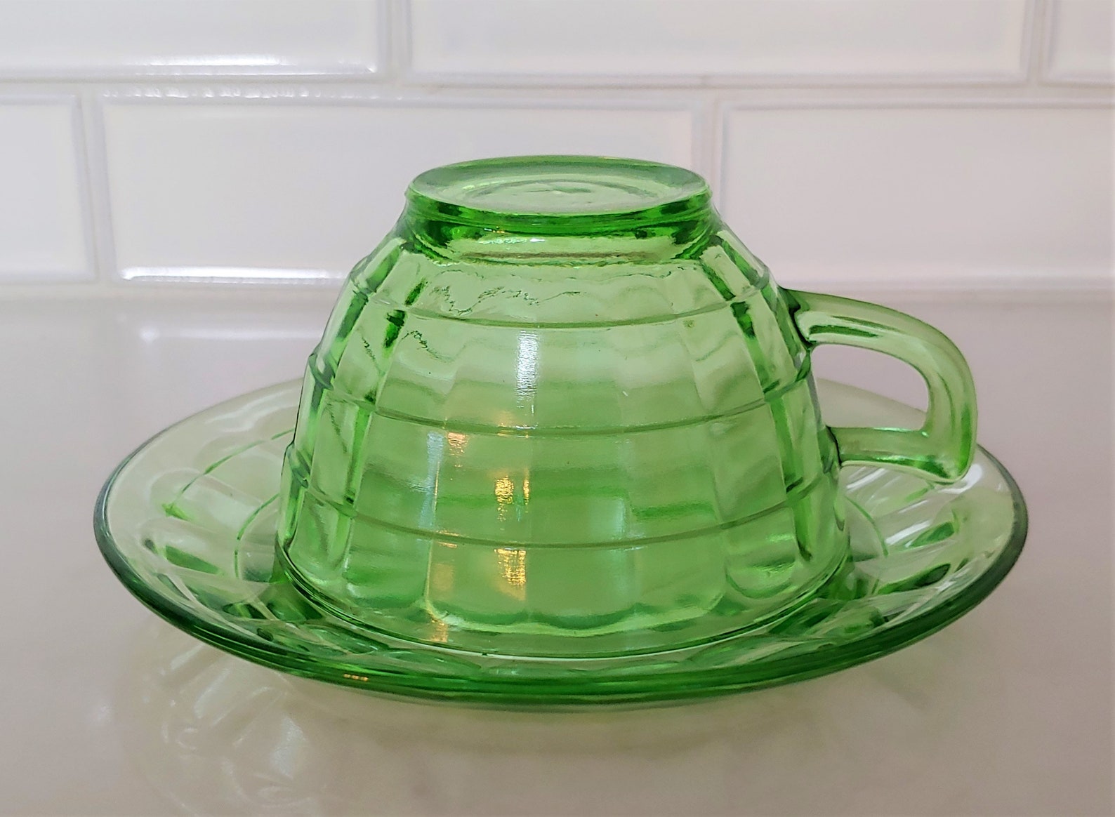 Vintage Green Depression Glass Block Optic Pattern Coffee Cup | Etsy