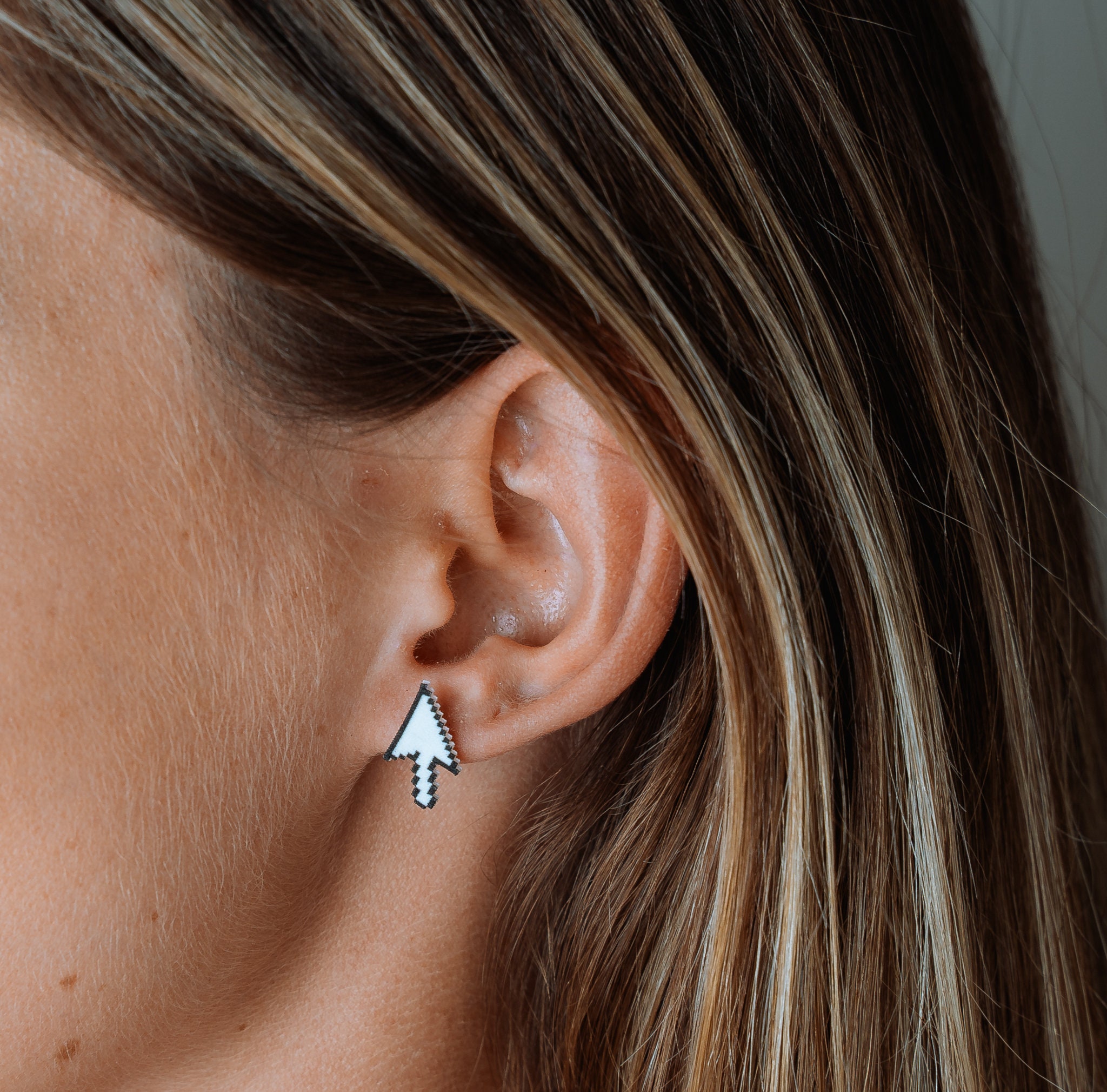 Computer Mouse and Cursor Pixel Black and White Stud Earrings - 1 Pair ...