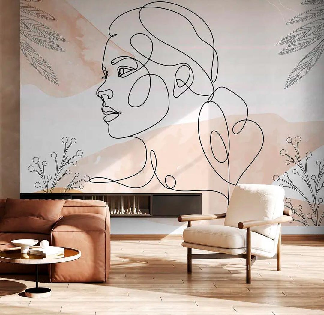 Woman One Line Face Wallpaper Beauty Salon Pink Murals Bedroom Face ...