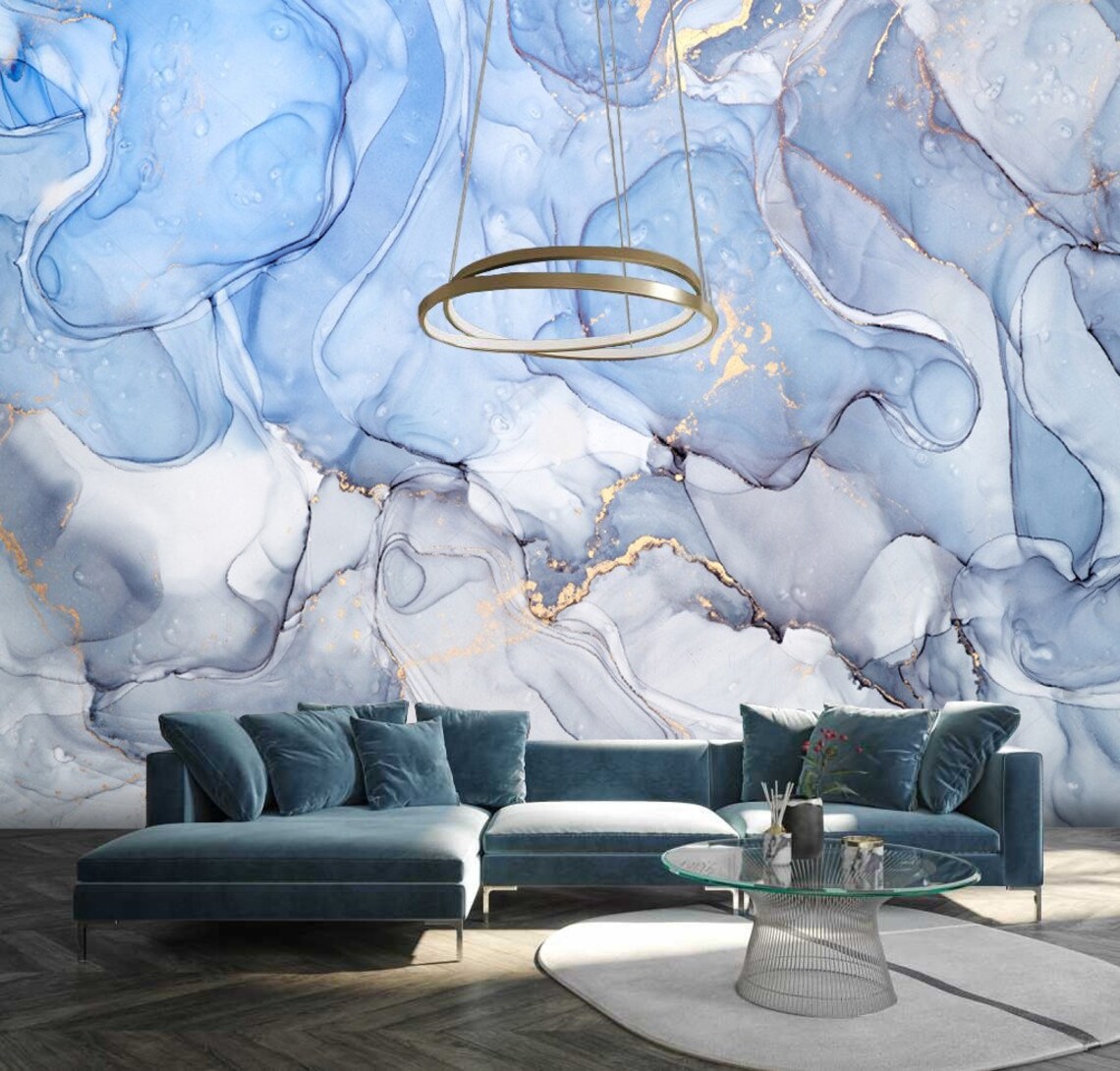 Pearl White Blue Turquoise Luxury Marble Wallpaper Wall Sticker Decor ...