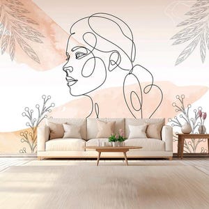 Woman One Line Face Wallpaper Beauty Salon Pink Murals Bedroom Face ...