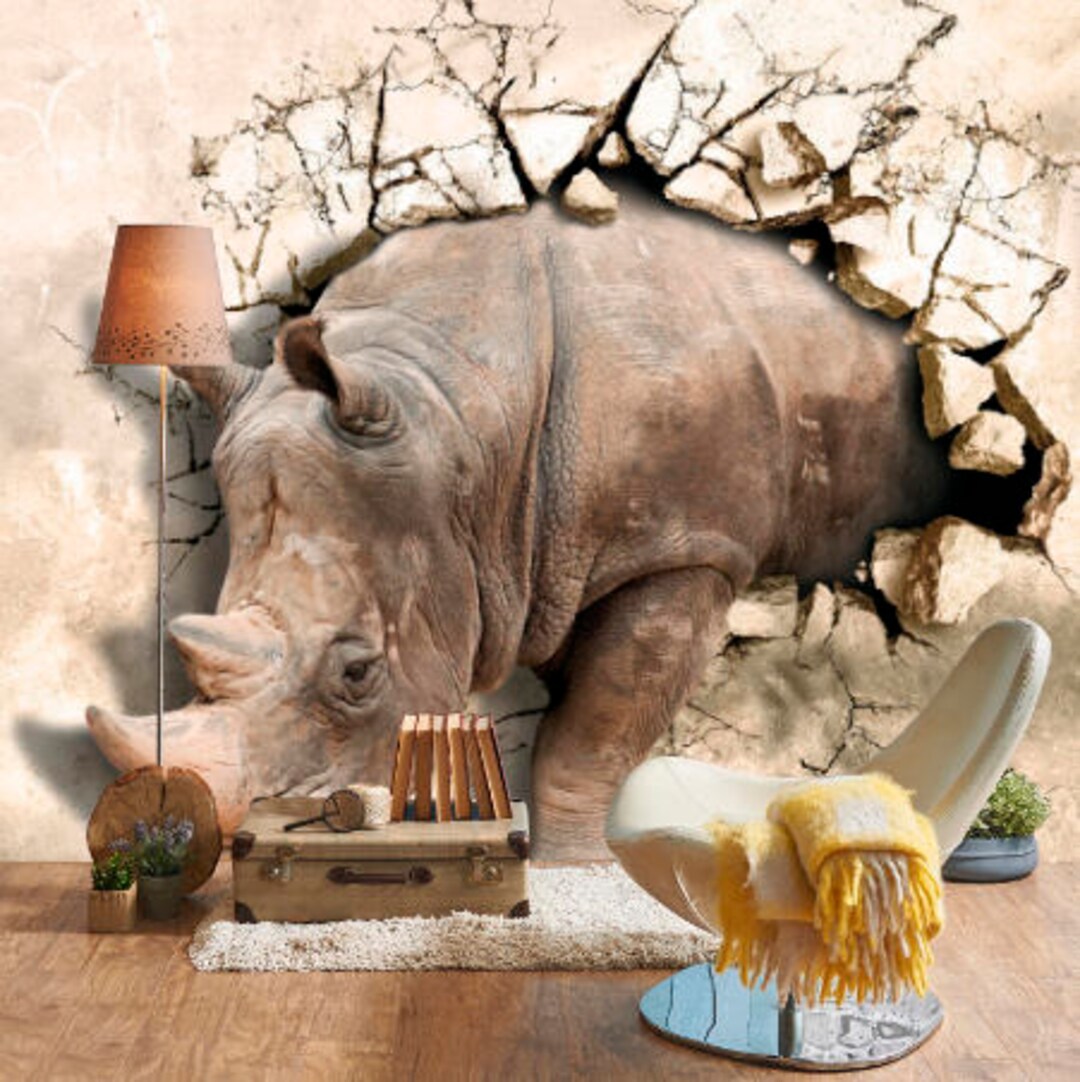 3D Rhinoceros Wallpaper 3D Wall Sticker Wall Decor Peel and - Etsy ...