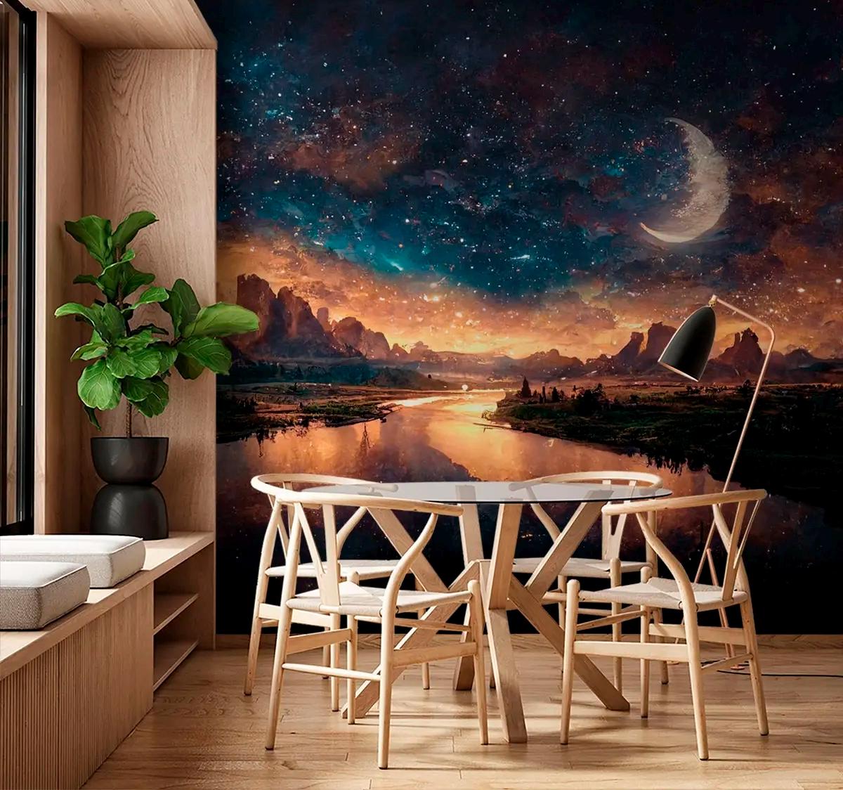 Night and Moon Backdrop Wall Mural for Living Room Magic Night Sky Wall ...