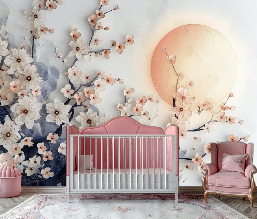 Sakura Wall Mural Cherry Blossom Tree With Pink Flowers Wall Decor ...