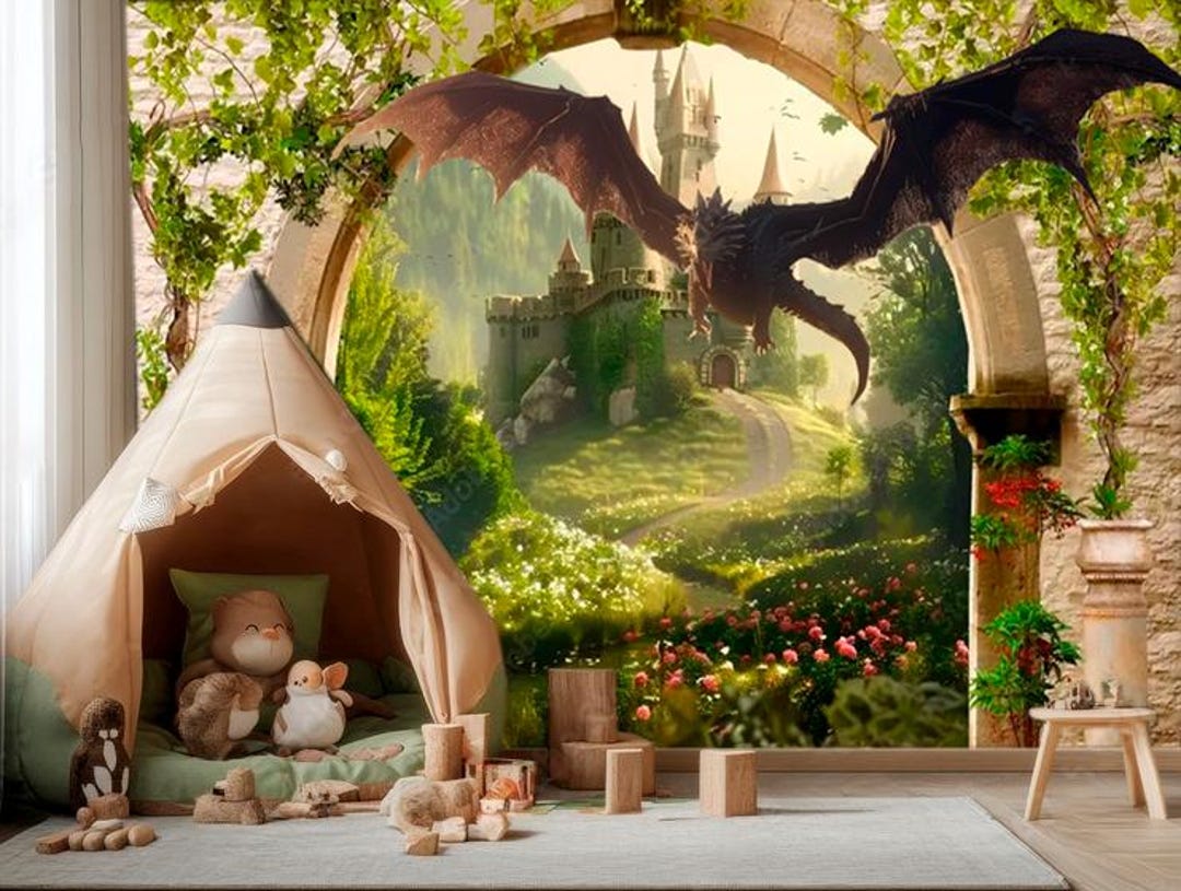 Fairytale Kids Castle Wallpaper & Cute Dragon Wall Mural, Princess ...