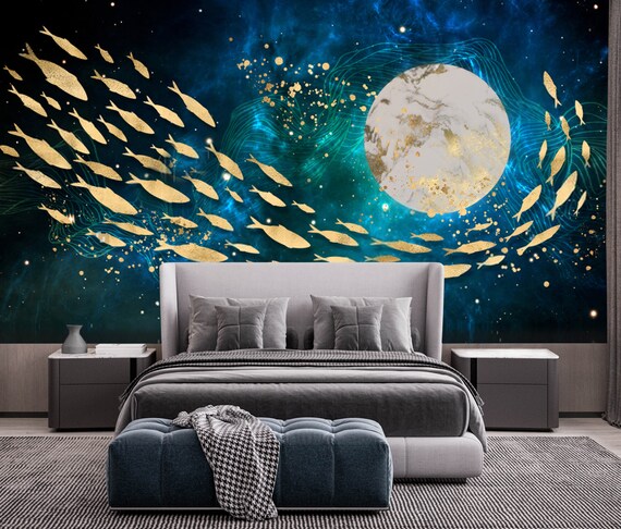 3D Magic Gold Fish Marble Moon Wallpaper Space Mural Nursery | Etsy