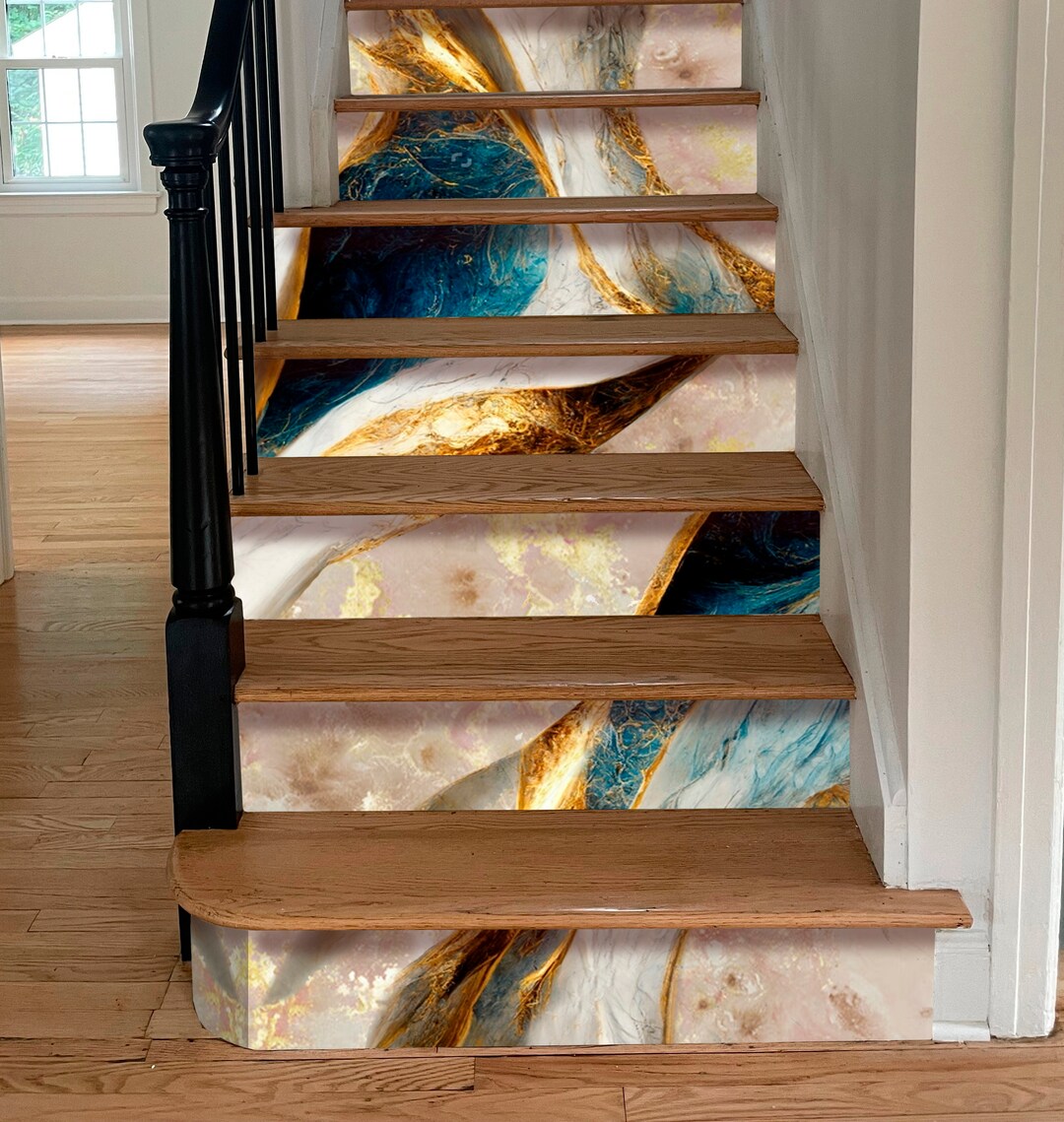 Marble Fluid Beige Gold Navy Wallpaper 3D Marbelized Waves Marble Stair Panels Self Adhesive ...