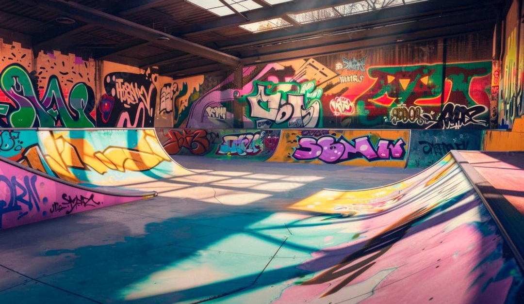 Skate Park With Graffiti Wall Mural Skate Ramp Backdrop Wall Sticker ...