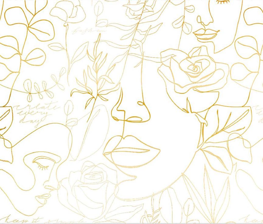 Gold Face Wall Mural One Line Face Art Decal Sparkle Material Golden ...