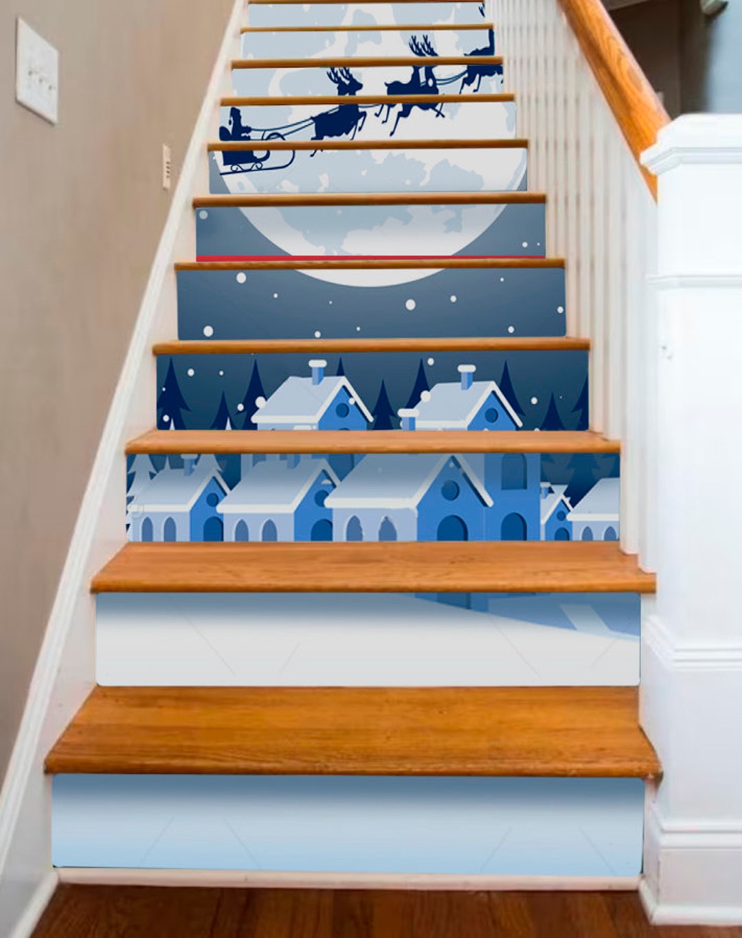 Santa Deers Christmas Night Stair Decor Stairway Decoration Adhesive ...