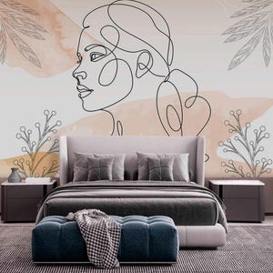 Woman One Line Face Wallpaper Beauty Salon Pink Murals Bedroom Face ...