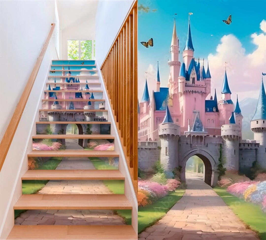 Magic Pink Castle Peel and Stick Princess Castle Stair Riser Panels ...