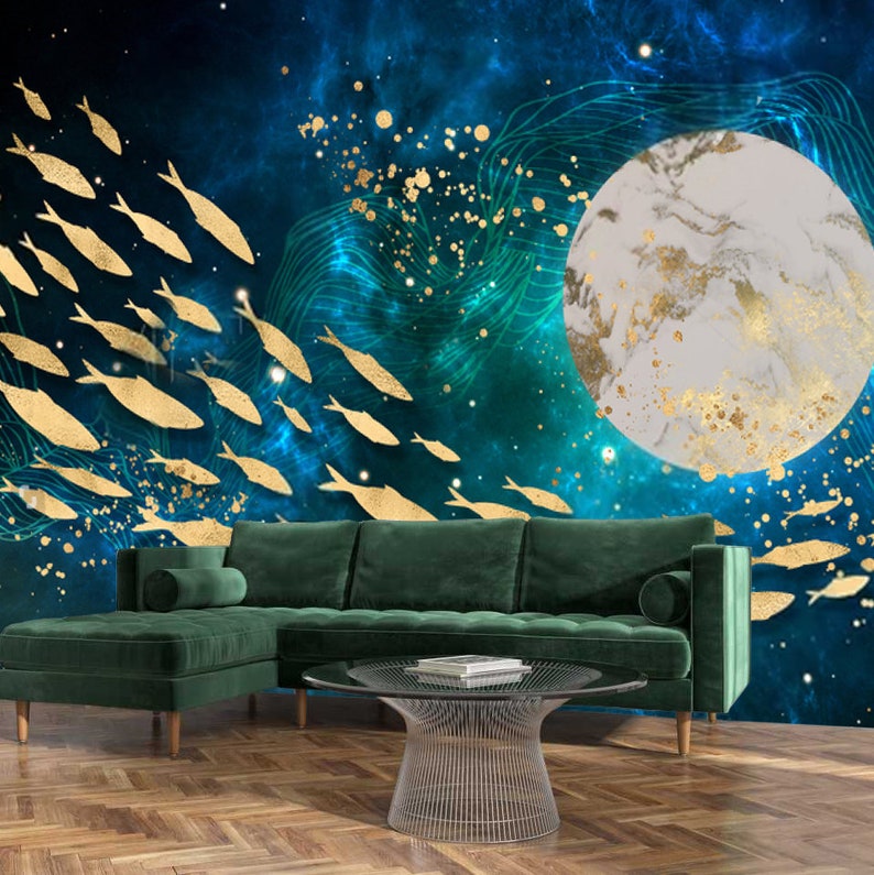 3D Magic Gold Fish Marble Moon Wallpaper Space Mural Nursery | Etsy