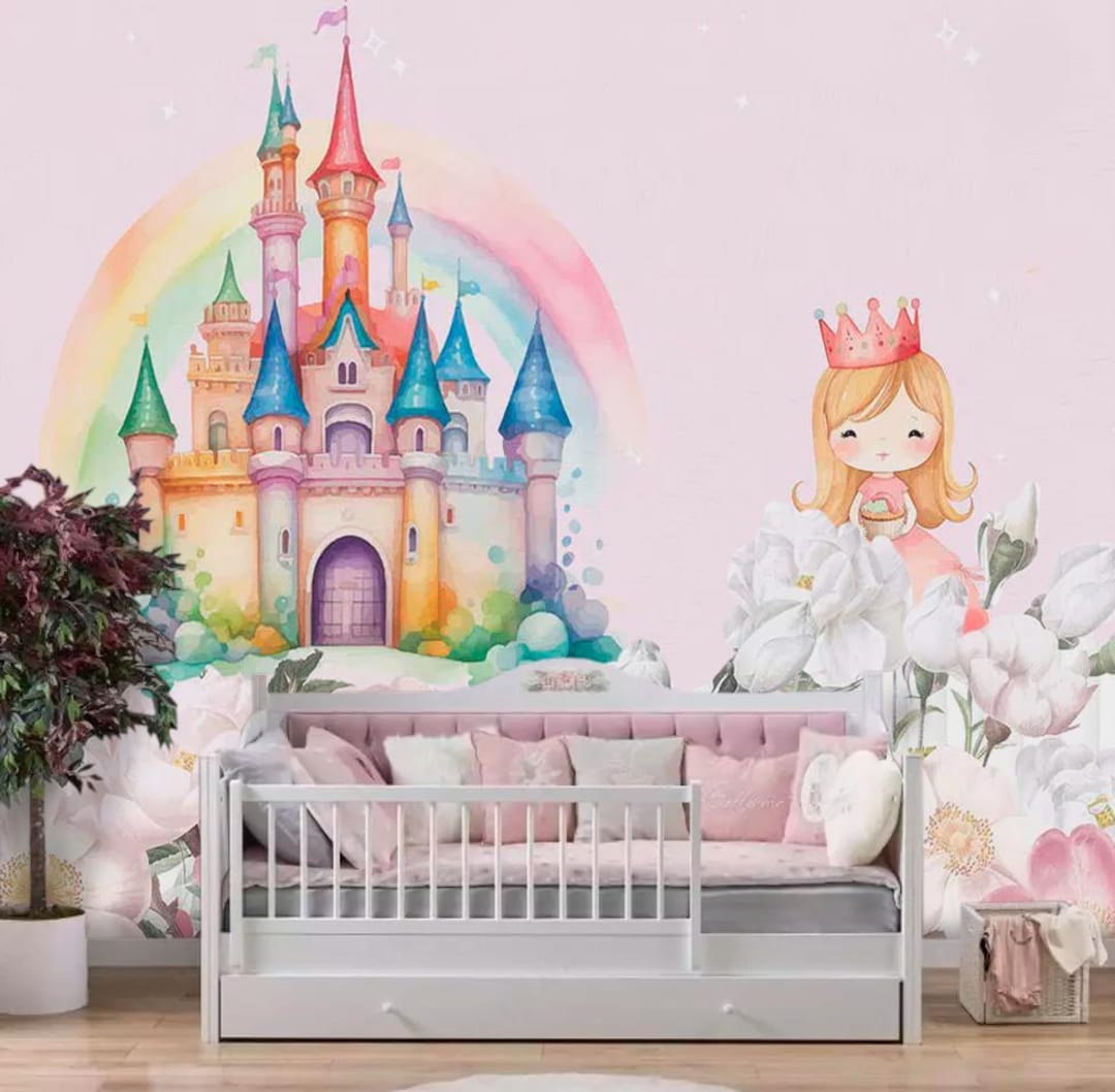 Little Princess and Magic Castle With Flowers Wall Mural for Baby Girl ...