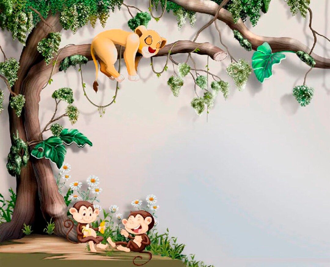 Baby Monkeys and Lion Background Kids Room Wallpaper Animal - Etsy
