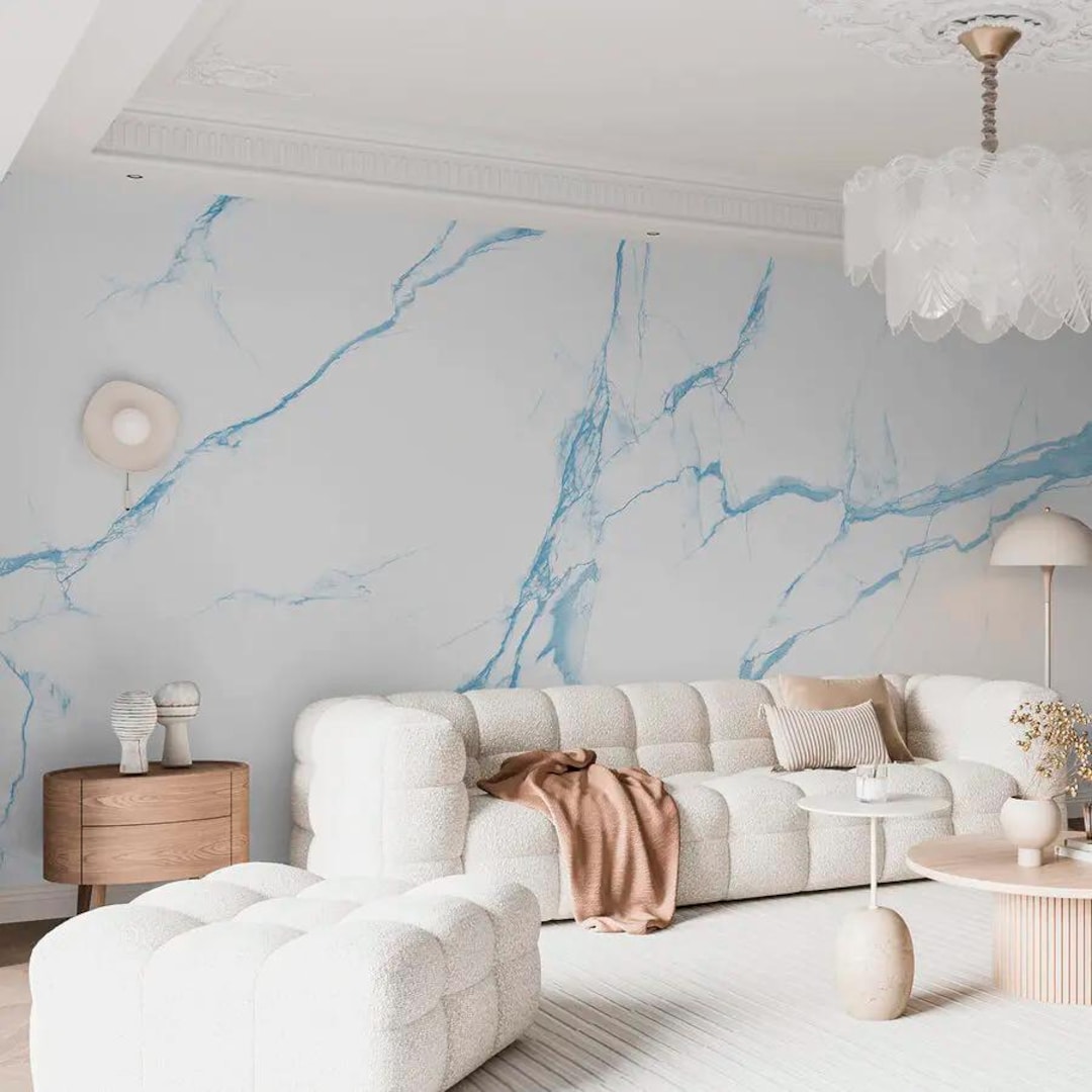 White Blue Marble Wall Mural Wall Decor for Living Room Bedroom Marble ...