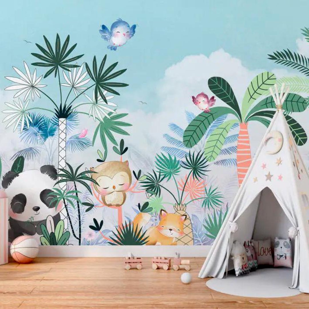 Baby Animals Wall Mural for Nursery Tropical Animals Jungle Mural Baby ...